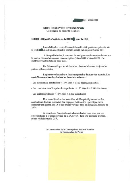 Police et quotas : la preuve par une note de service